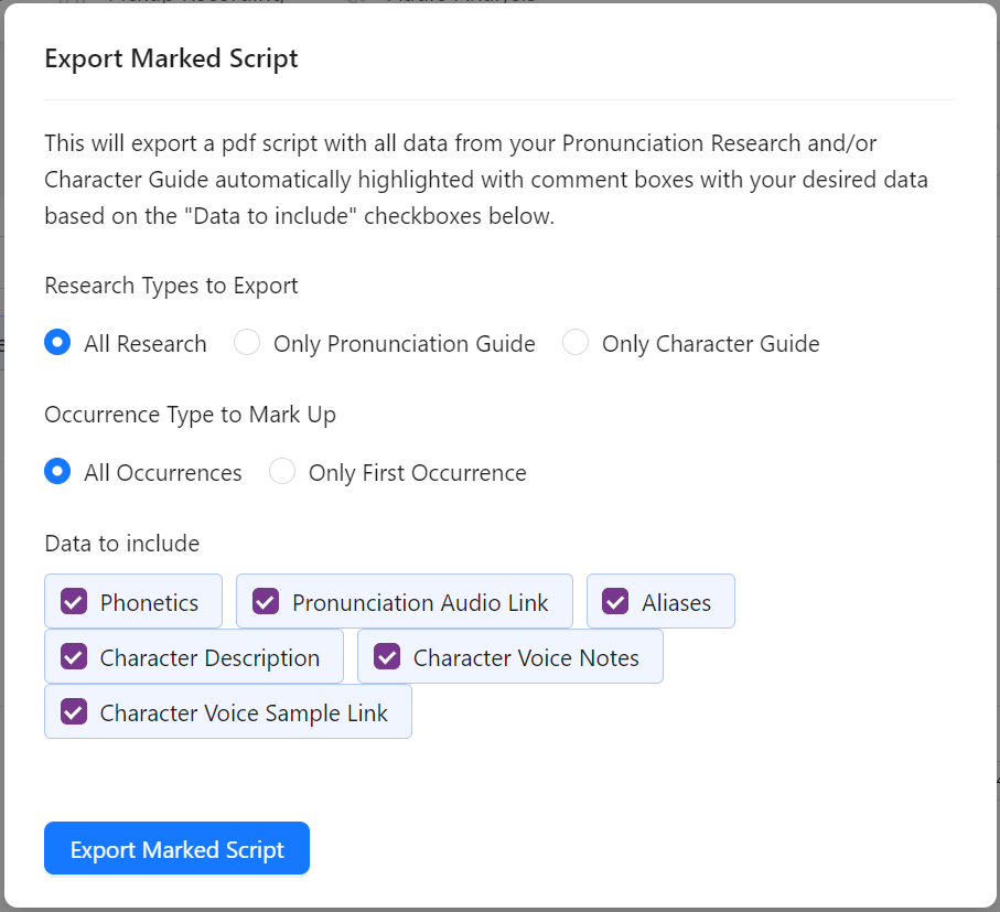 Export a Marked Up Script